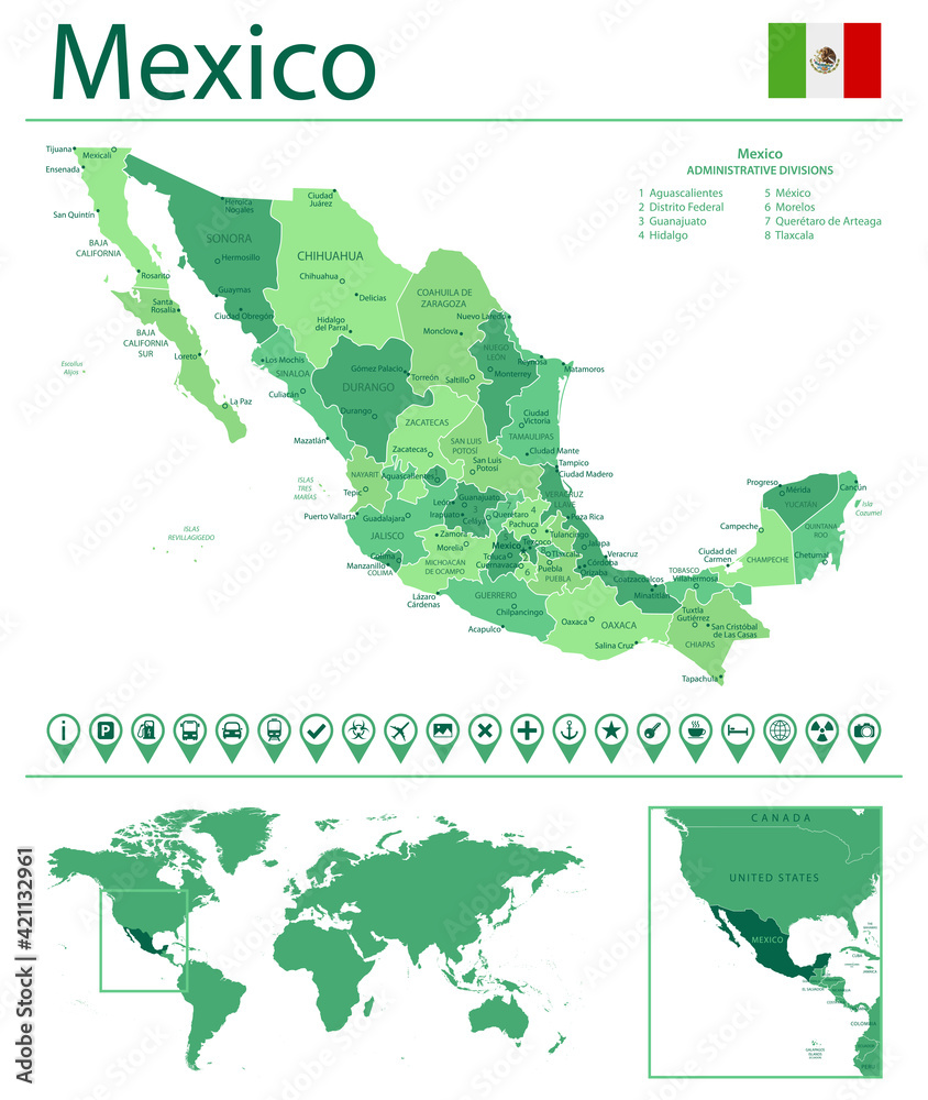Mexico detailed map and flag. Mexico on world map. Stock Vector | Adobe ...