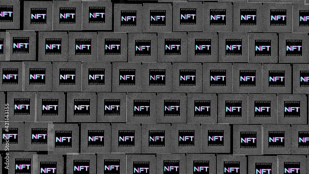 square tile labeled nft slowly rises and falls against a black ...