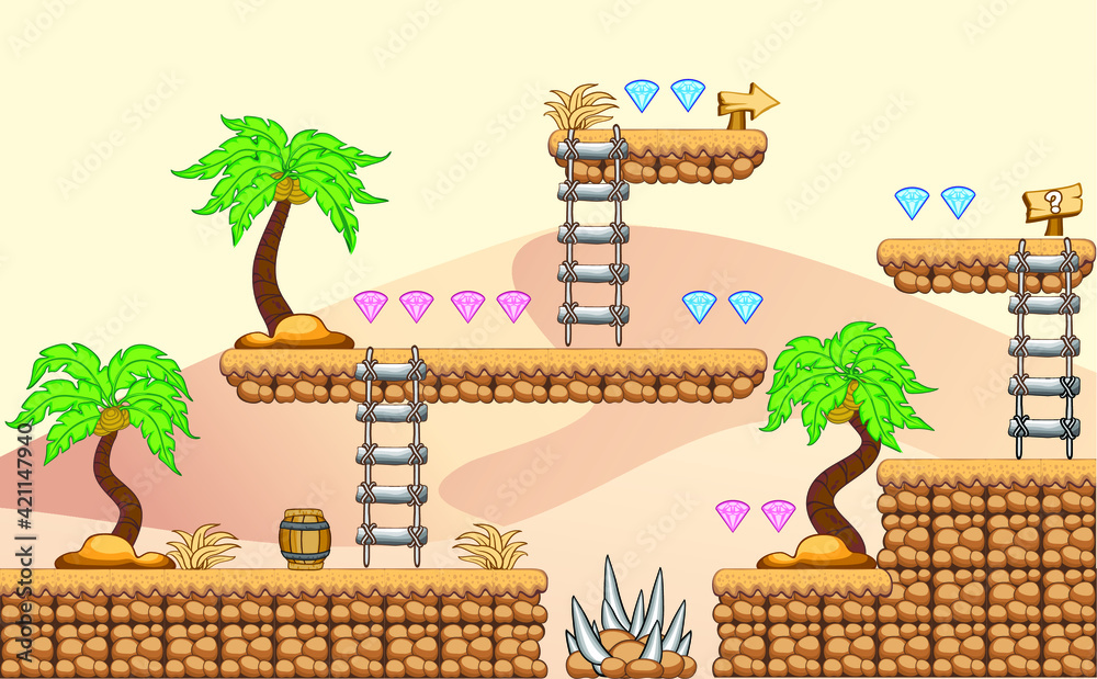 A set of layered vector game background, ground tiles and several items ...