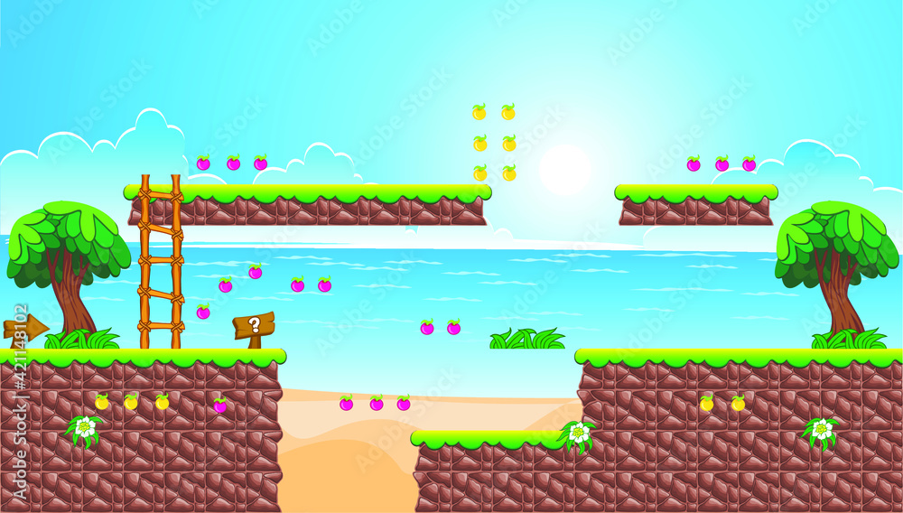 A set of layered vector game asset, contains background, ground tiles ...