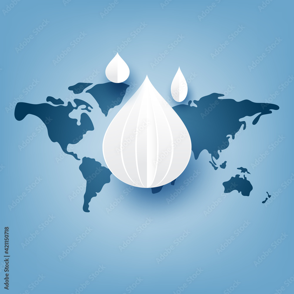 World water day.Water drop on world map.Paper art of save water for ...