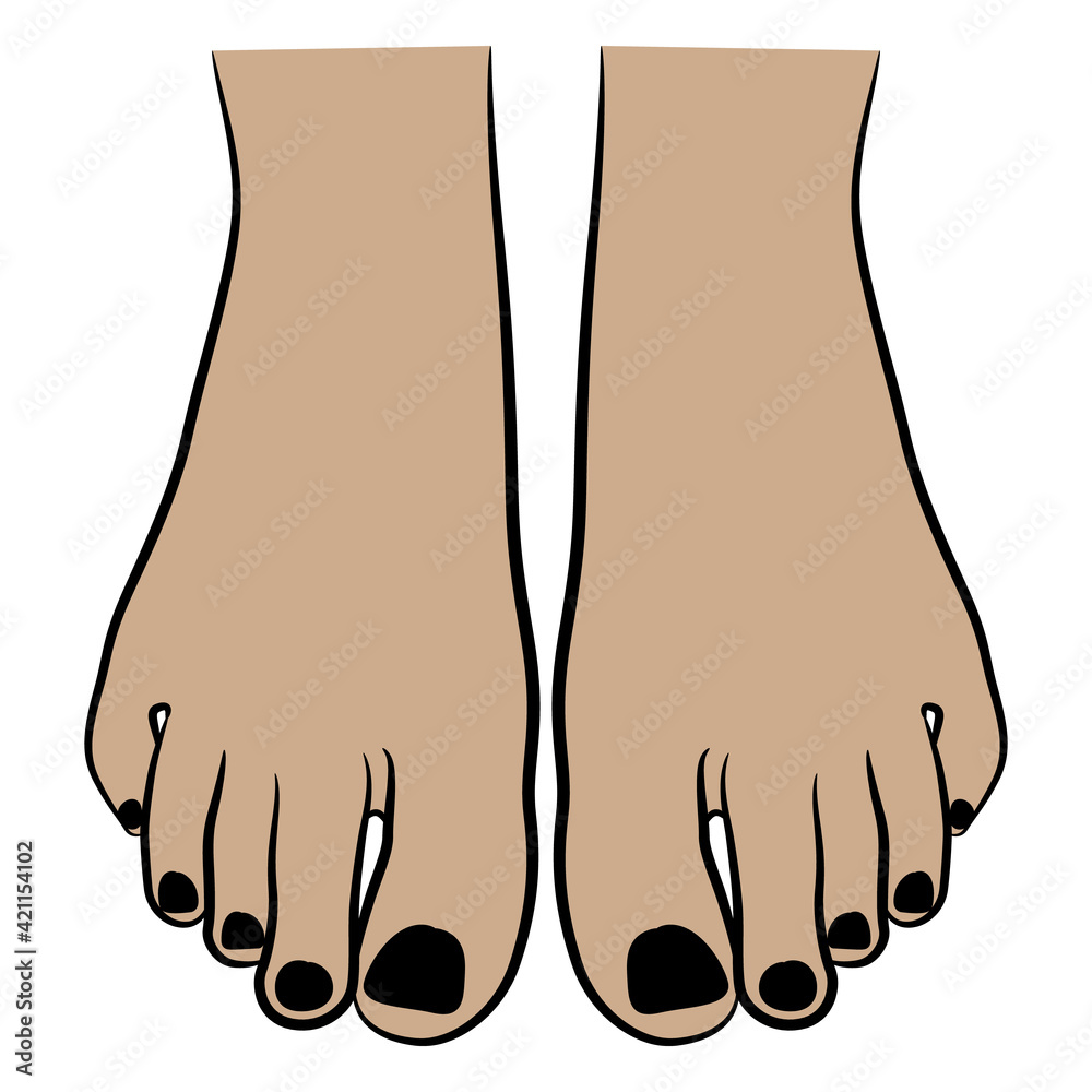 Two bare female feet with black nails. Top view. Cartoon style. Stock ...