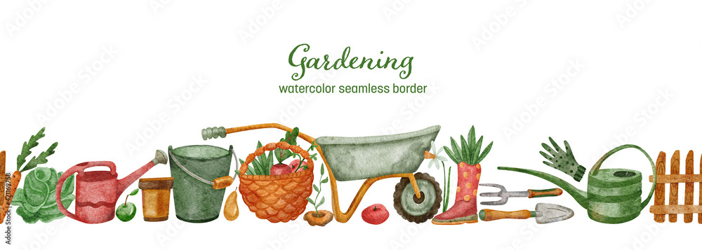 Watercolor seamless border with gardening tools and vegetables on white ...