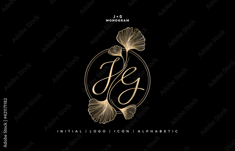 JG initial letter script and graphic name with ginkgo leaf, JG or GJ ...