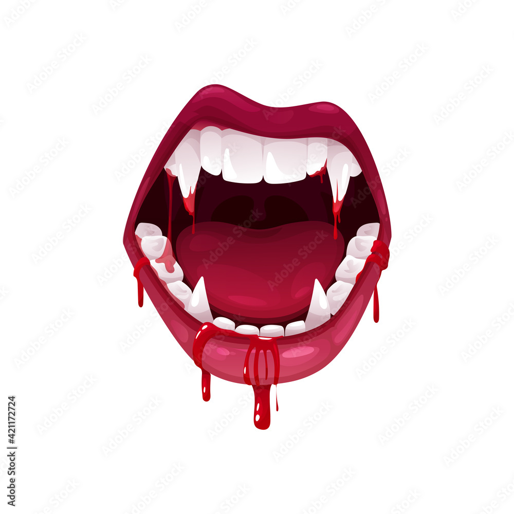 Vampire mouth with fangs vector icon. Cartoon open female red lips with ... Vampire mouth with fangs vector icon. Cartoon open female red lips with ...