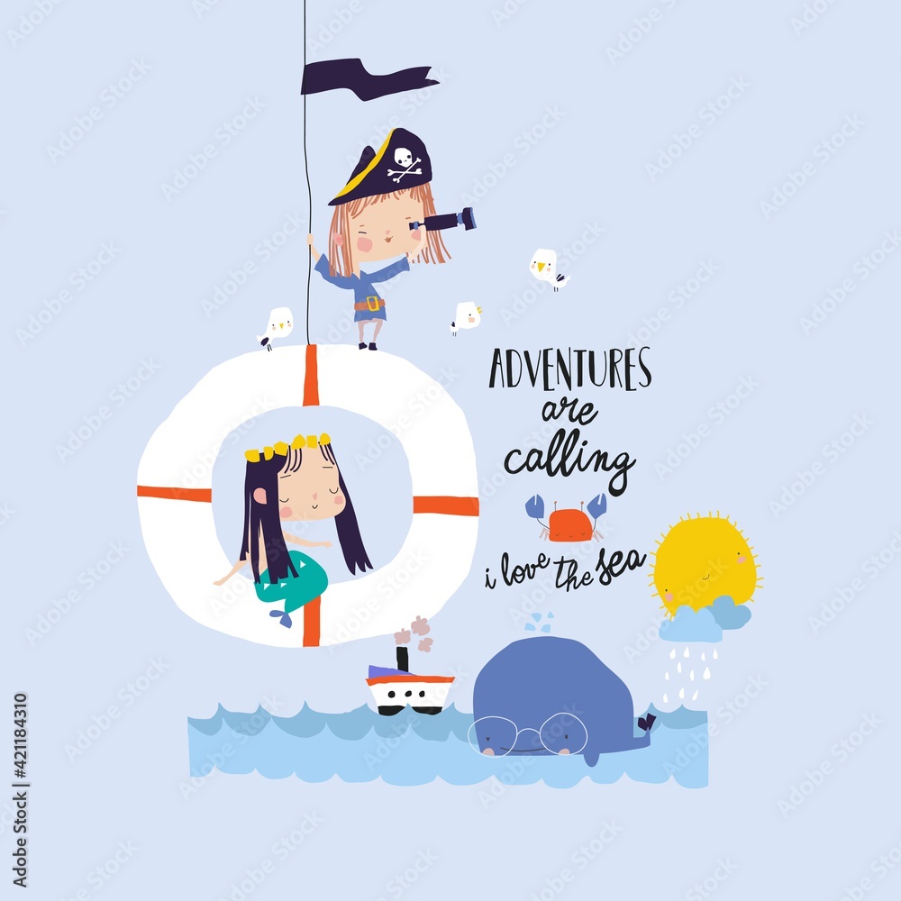 Cartoon cute mermaid with little girl pirate Stock Vector | Adobe Stock