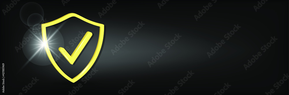 Shield with check mark icon isolated on black background. Protection ...