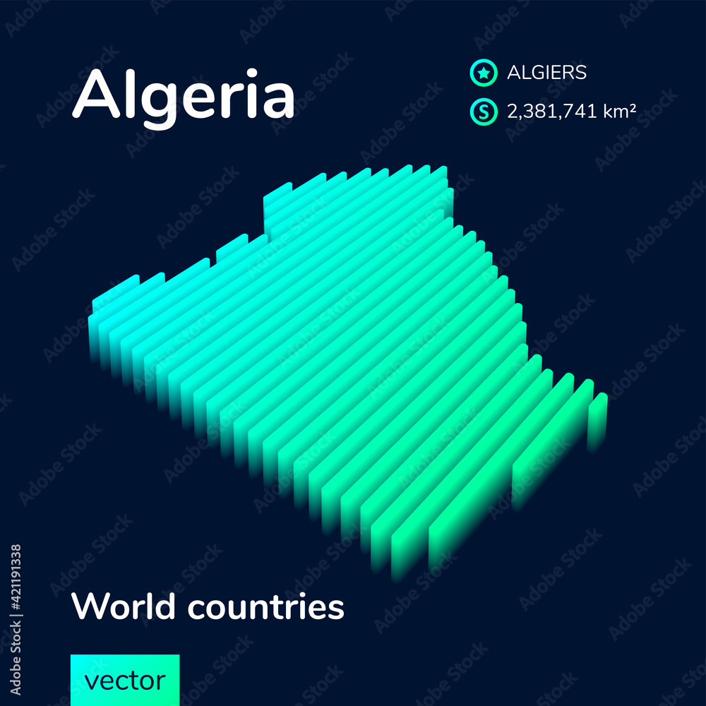 Stylized neon digital isometric striped vector Algeria map with 3d ...