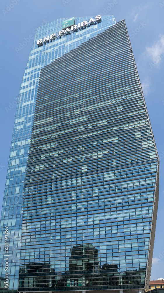 Milano, Italy. The iconic Diamond tower. Today headquarter of the BNP ...