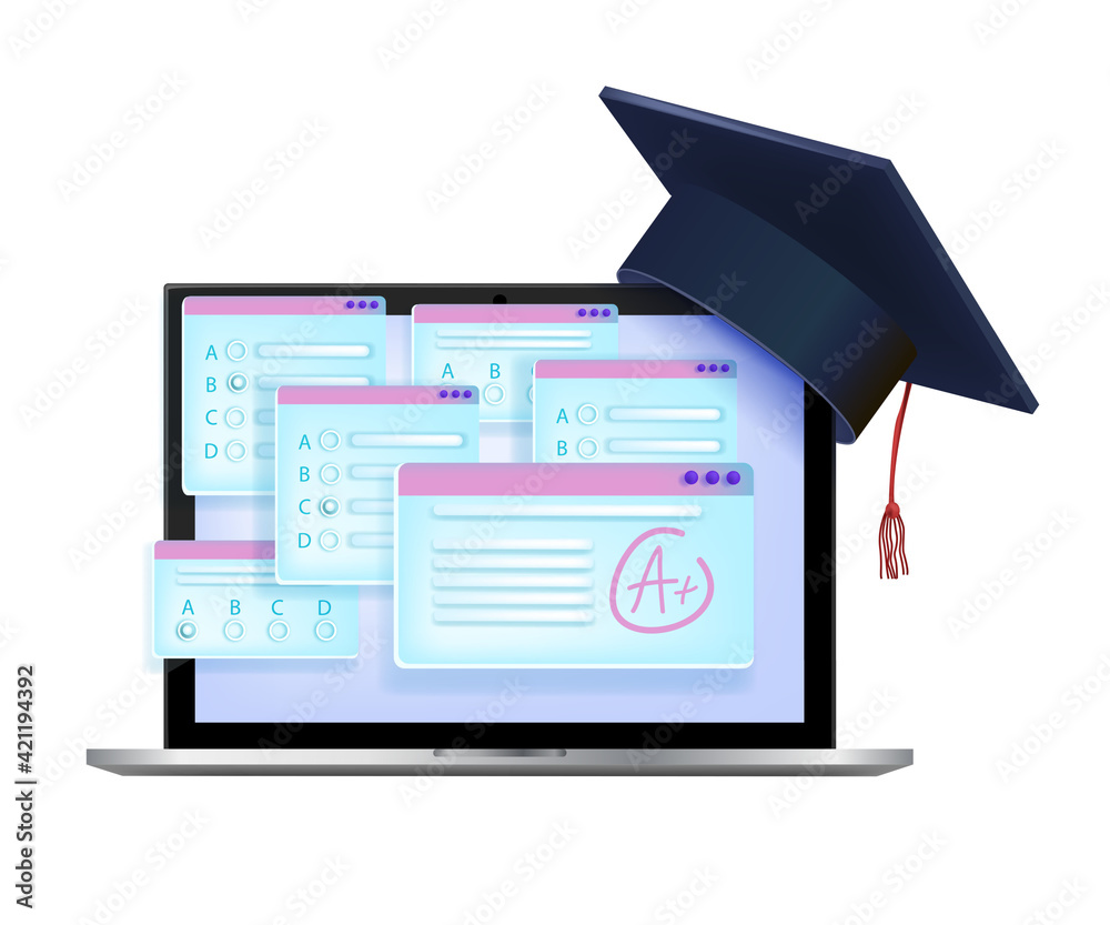 Online exam, internet vector test education illustration, laptop screen ...