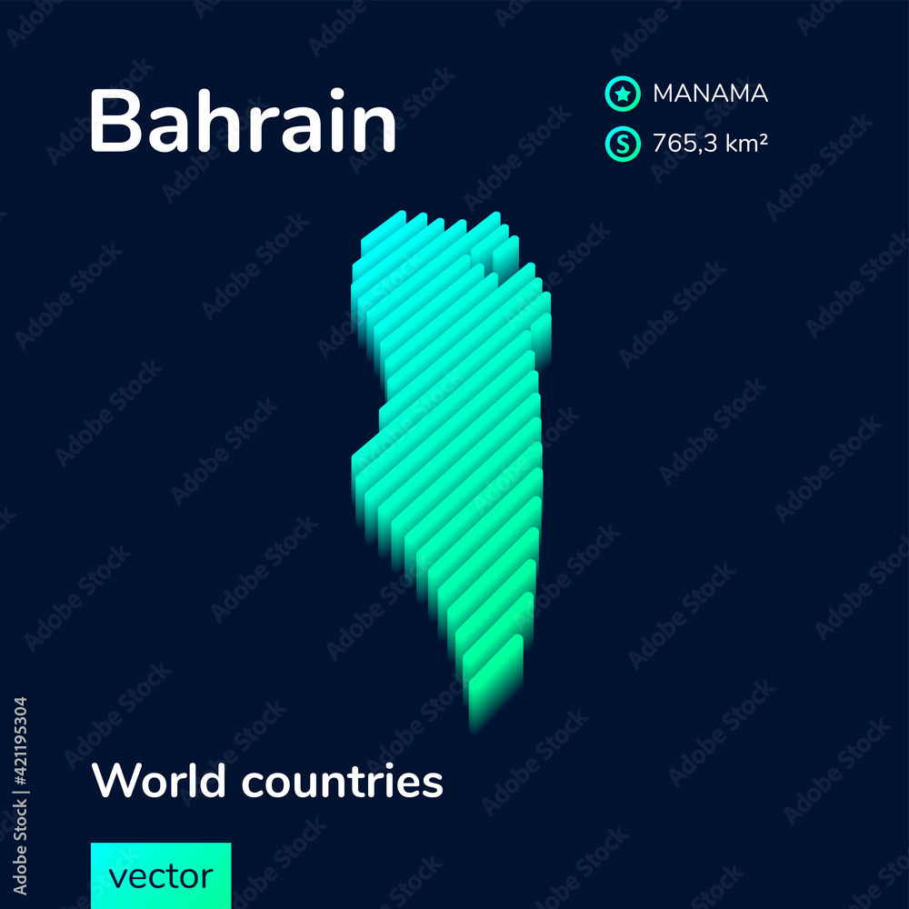 Stylized striped neon isometric vector Bahrain map with 3d effect. Map ...