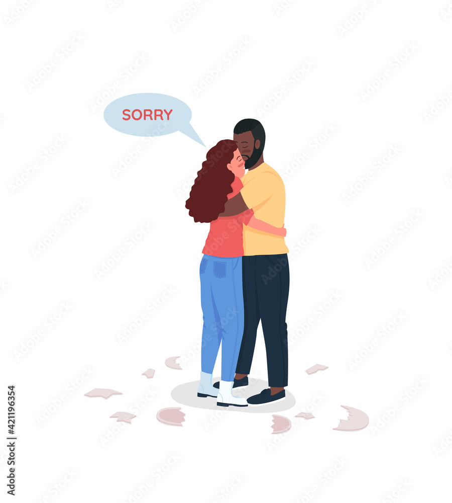 Interracial couple makes up flat color vector detailed characters ...