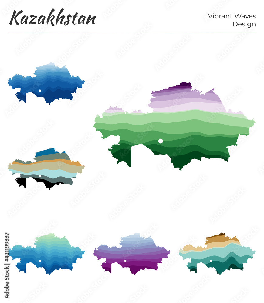 Set of vector maps of Kazakhstan. Vibrant waves design. Bright map of ...