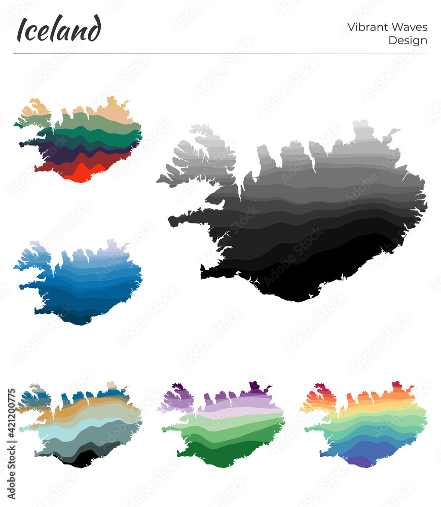 Set of vector maps of Iceland. Vibrant waves design. Bright map of ...