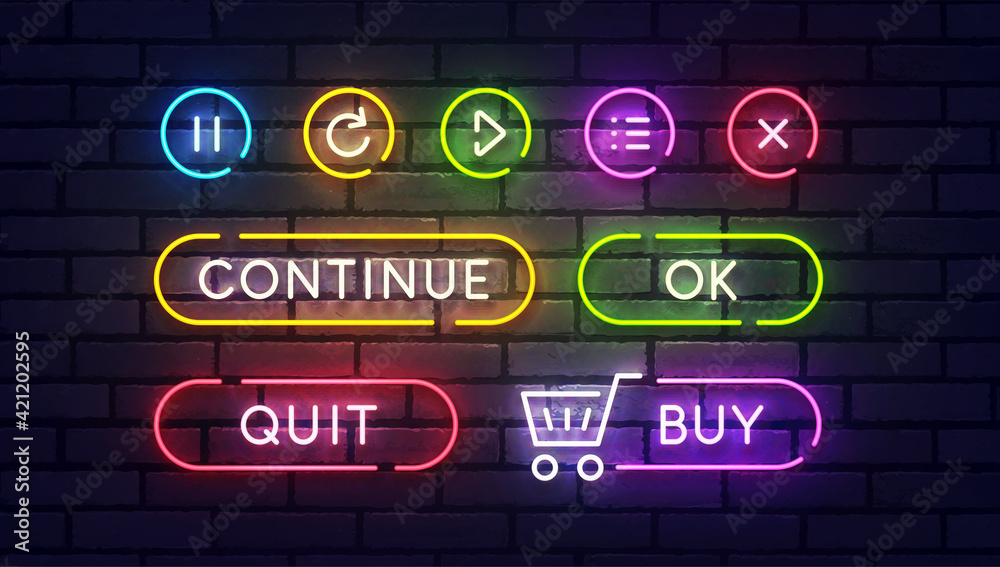 Set of vector neon game buttons. Colored neon buttons. Game button and icon neon. Vector ...