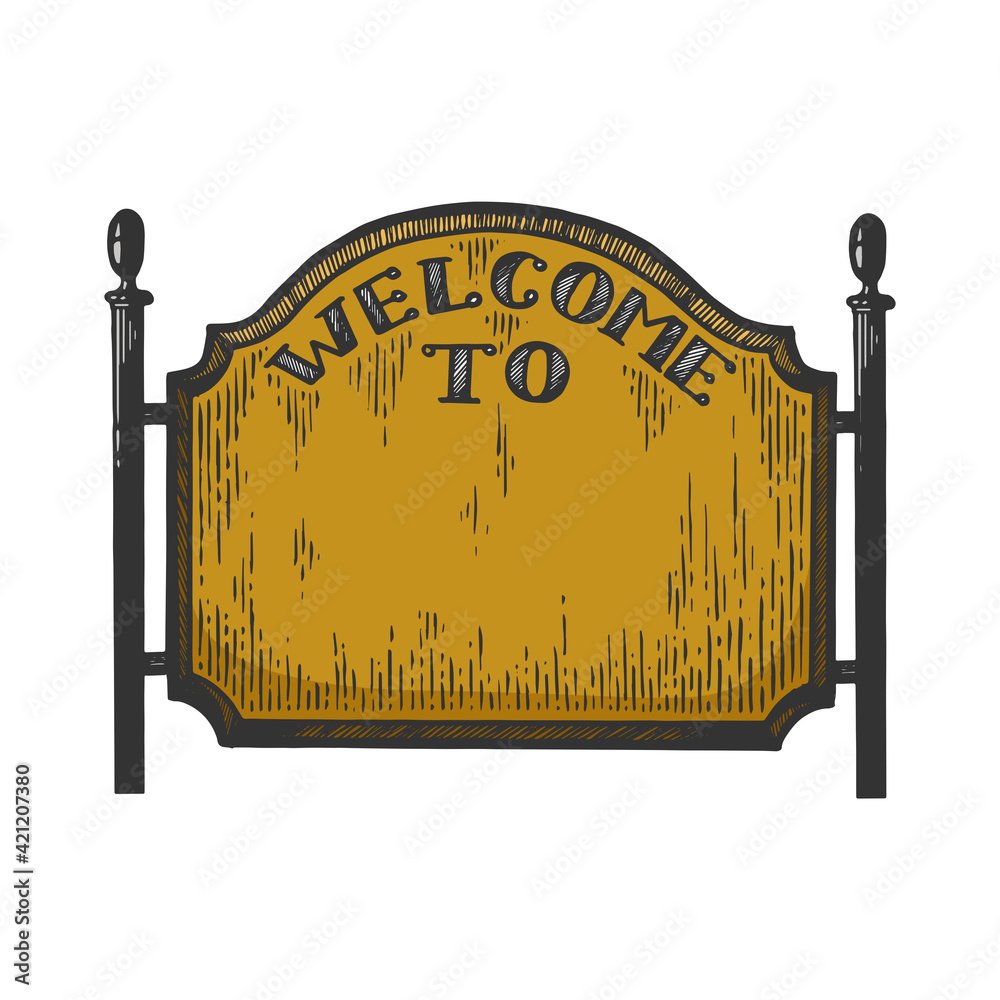 City welcome road sign color sketch vector illustration. Scratch board ...