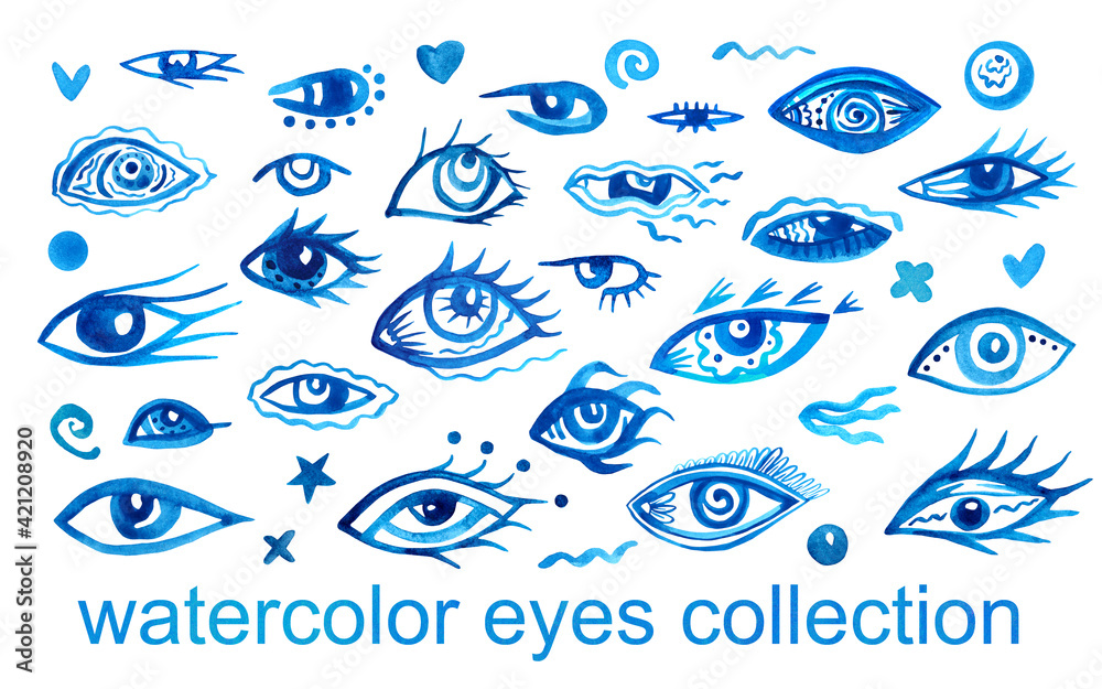 Set of blue watercolor eyes. Big magical collection of abstract azure ...