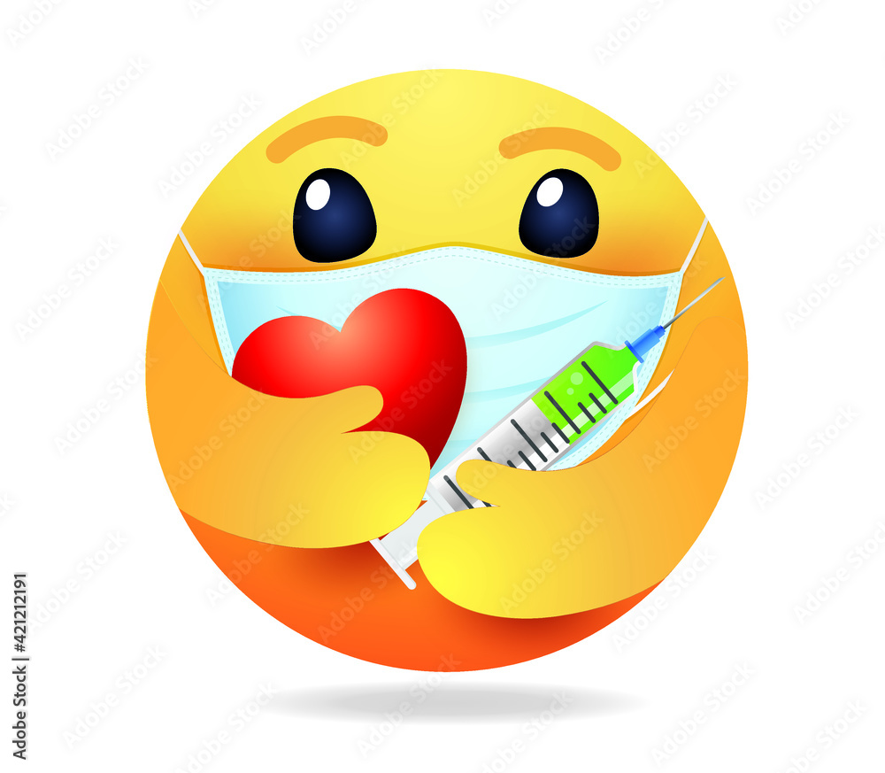 High quality emoticon on white background. Emoji with Vaccine syringe ...