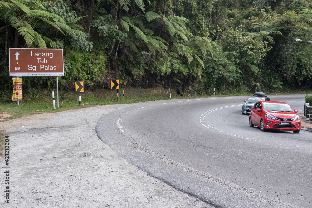 iew of road and signage to ladang teh sg. palas located at cameron ...