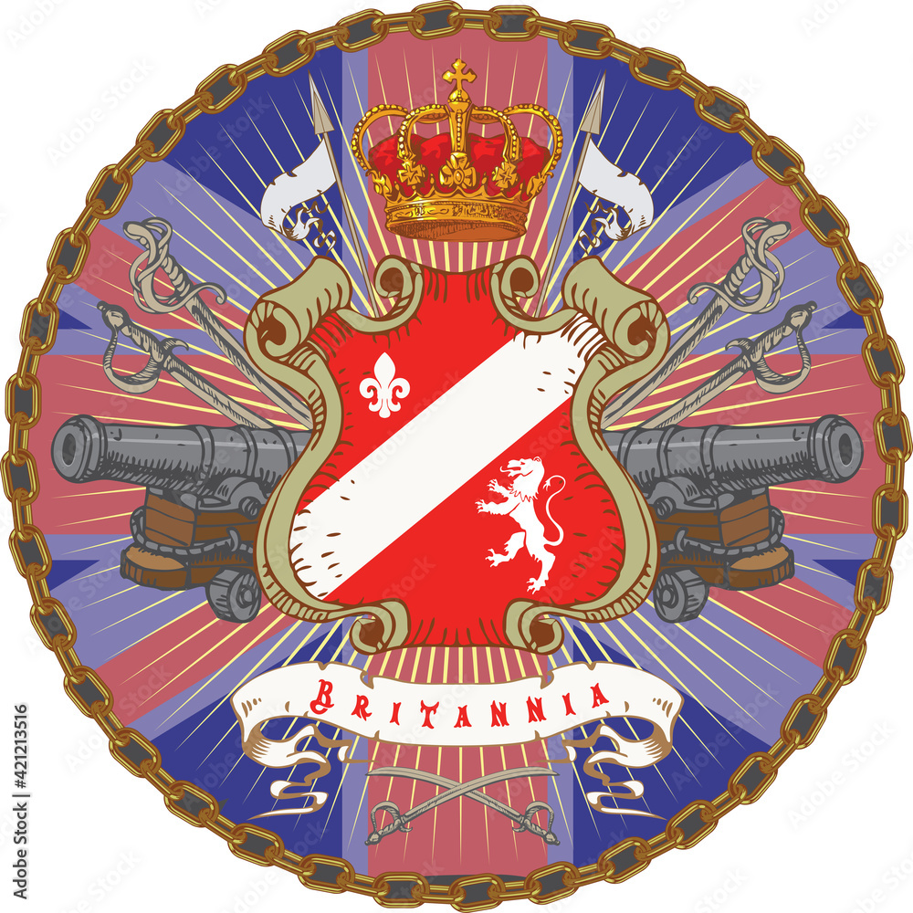 Vector image of an old British coat of arms with symbols of the great ...