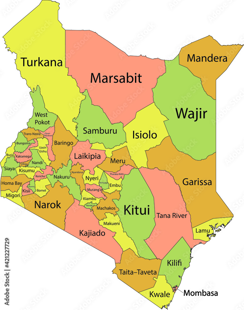 Pastel vector map of the Republic of Kenya with black borders and names ...