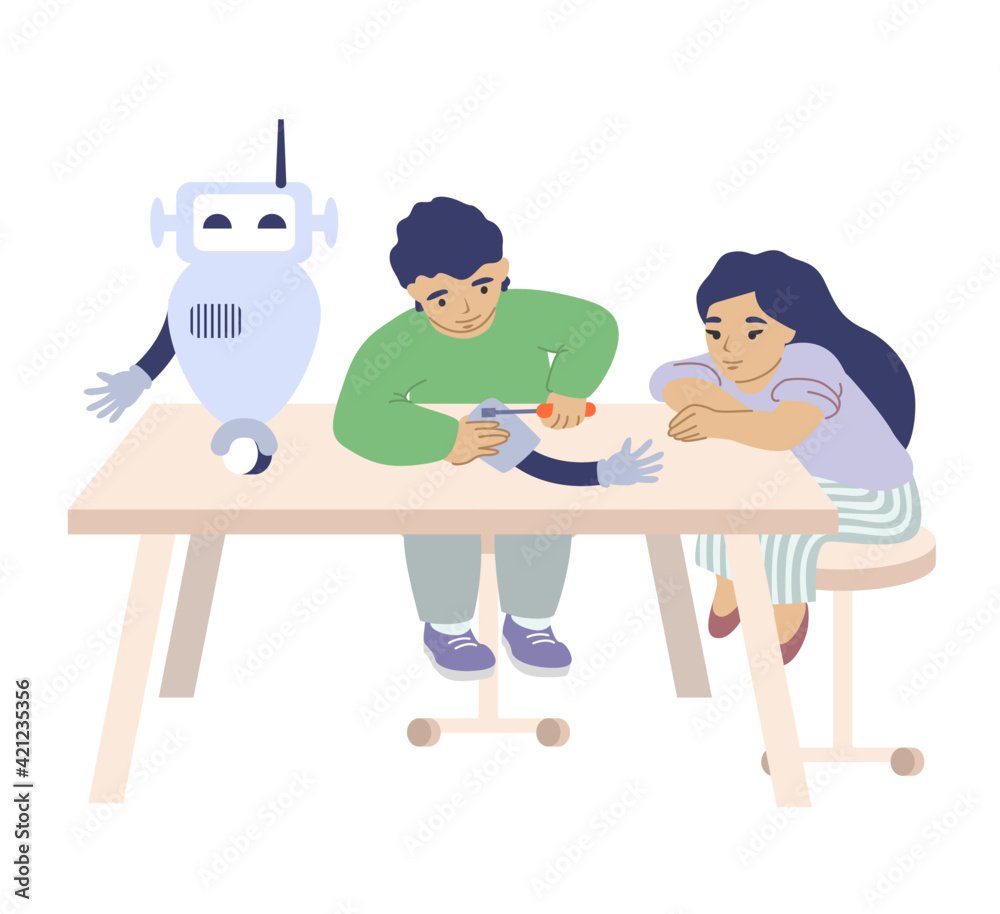 Happy children, boy and girl making smart robot, flat vector ...