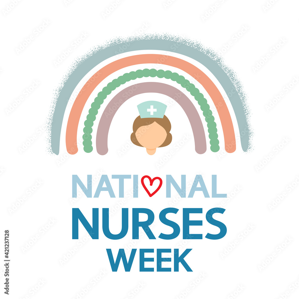 National Nurses Week medical concept on white. Cute cartoon rainbow in ...