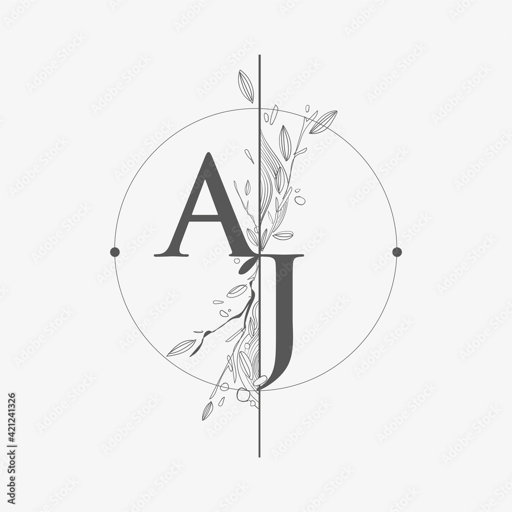 Letter AJ Initial Logo with Hand Draw Floral, Initial Wedding Font Logo ...