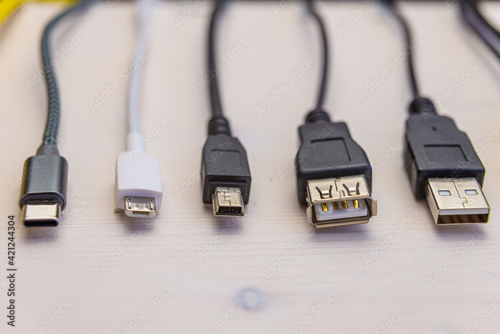 Various types of plugs and cables for audio, video, computer ...