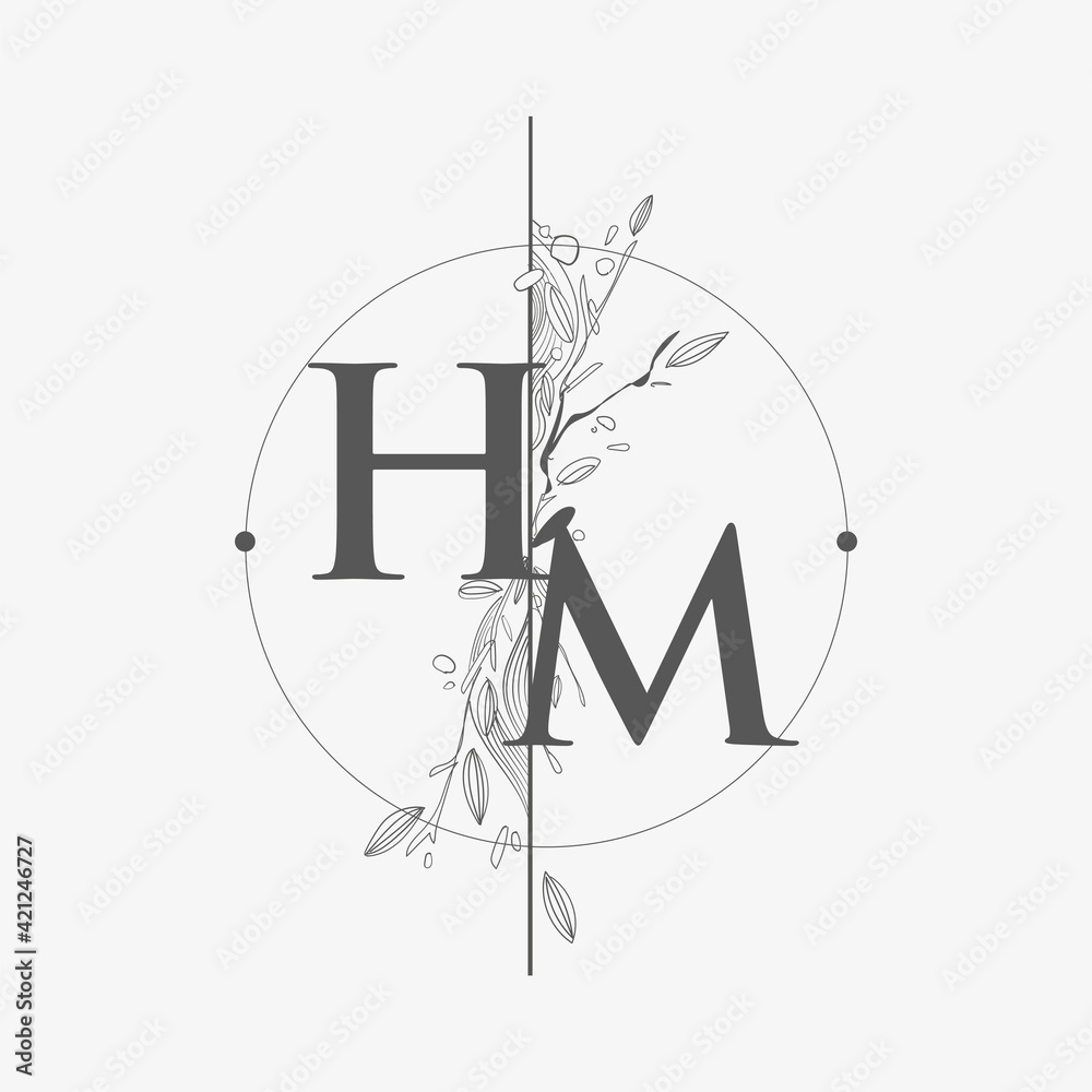 Letter HM Initial Logo with Hand Draw Floral, Initial Wedding Font Logo ...