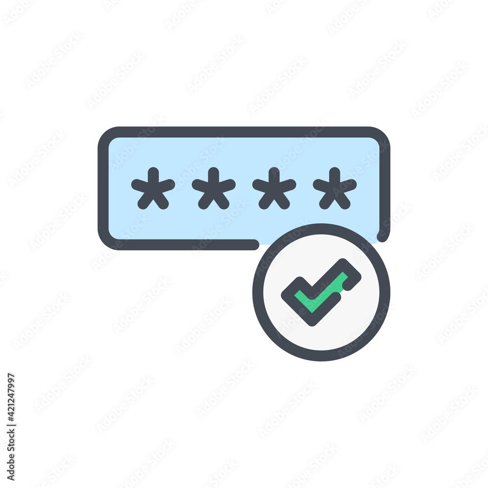 Password stars and check mark color line icon. Correct password and ...