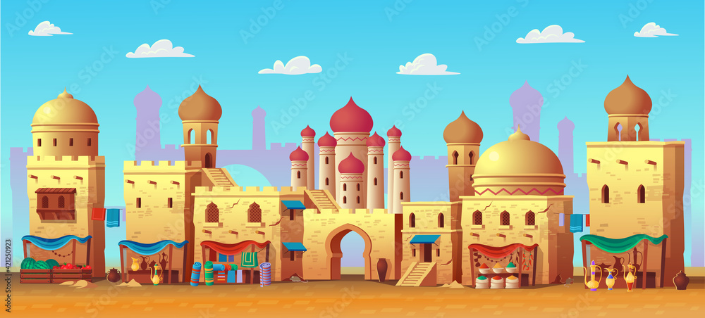 Panorama of ancient arab city with houses and the Arab market. Vector ...