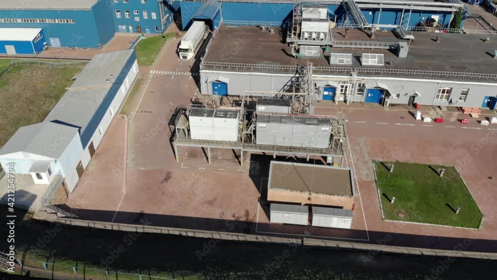 Refrigeration and compressor shop filmed with a drone. Refrigerating ...