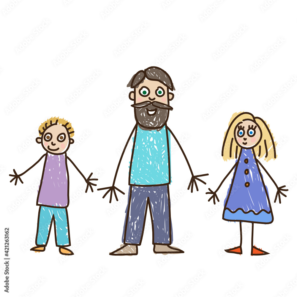 Children`s drawing Cheerful caucasian father with a beard stands with ...