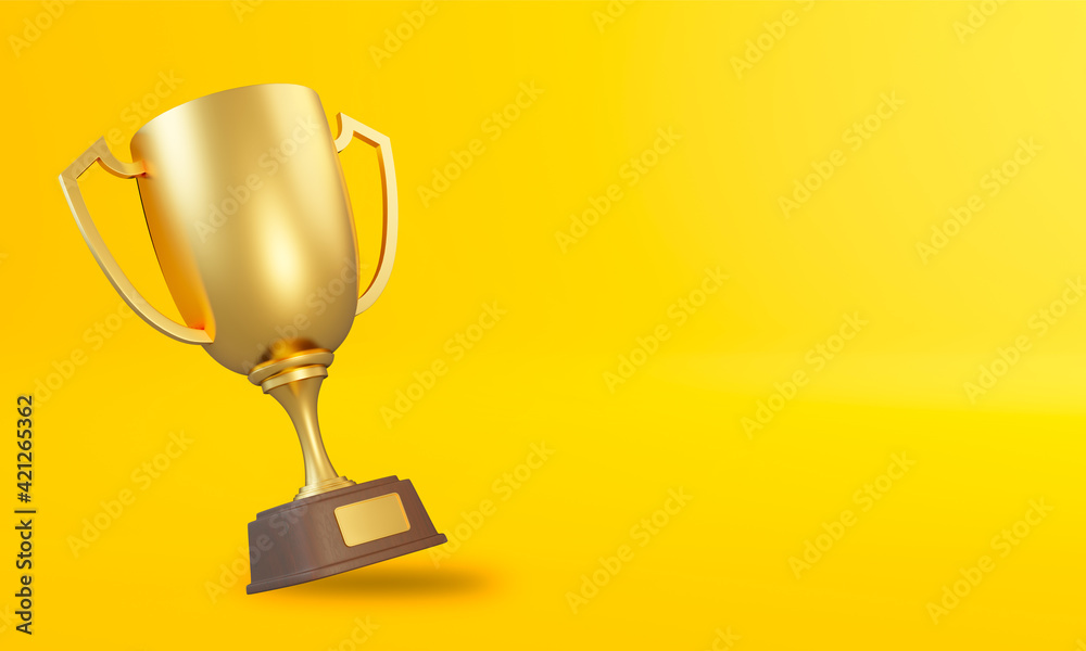 Trophy cup on yellow background. Sport tournament award, gold winner ...