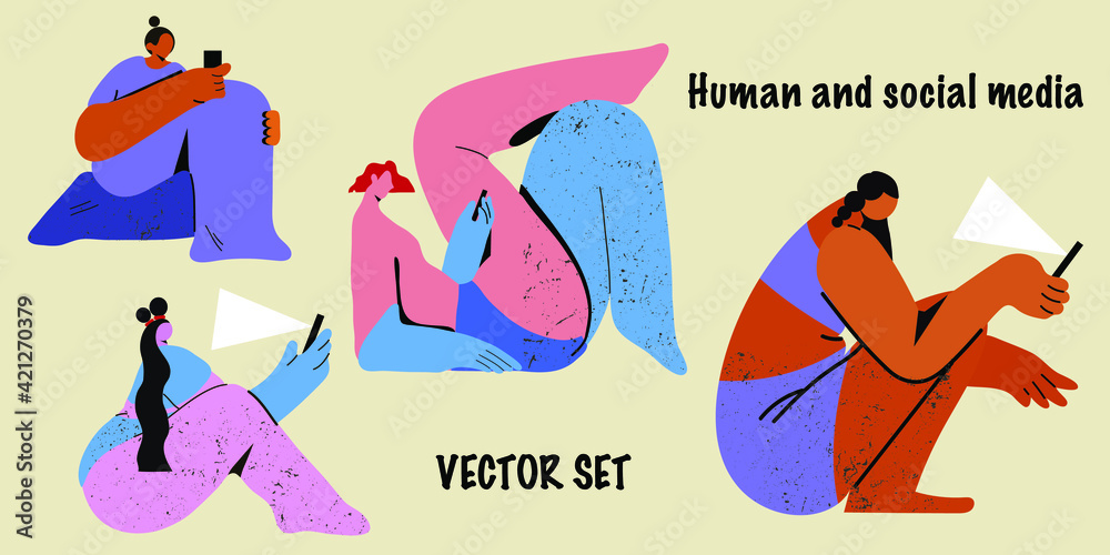 Vector set. Girl browse social networks. Social media influence and ...