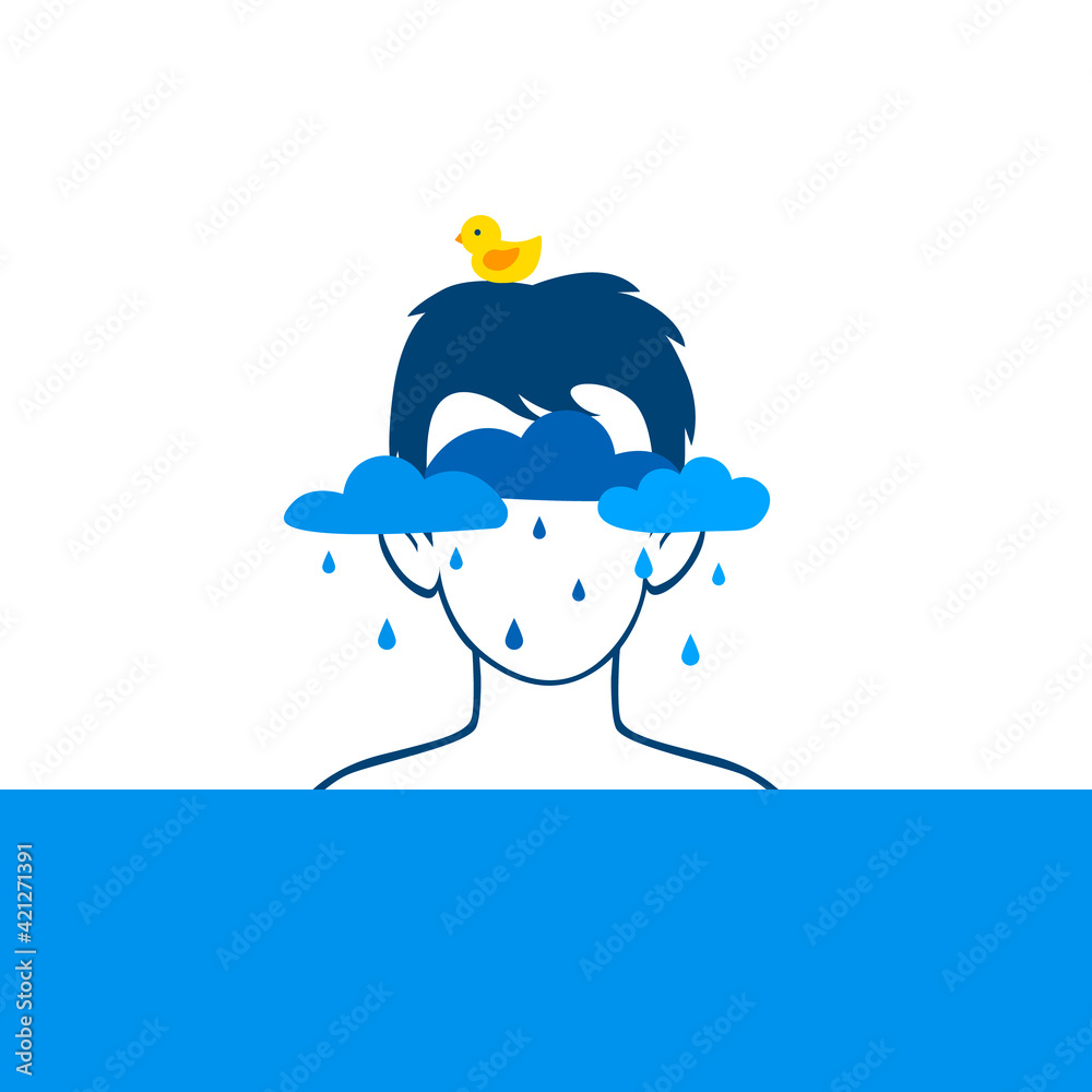 Sadness and abstract sorrow. Crying character covered with blue clouds ...
