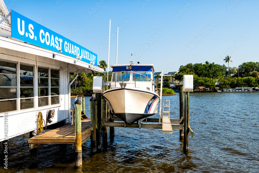 Naples, USA - April 30, 2018: US Coast guard auxiliary building sign ...