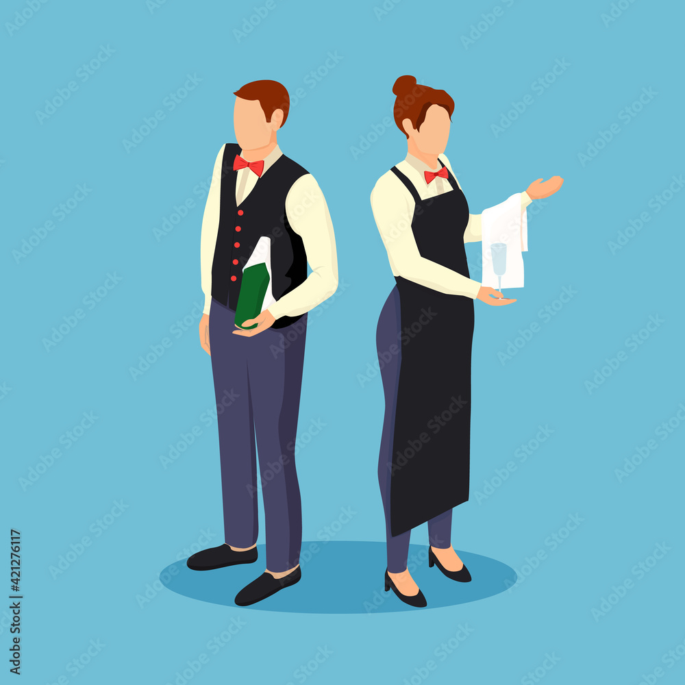 Waiters ready receive visitors isometric illustration. Female and male ...
