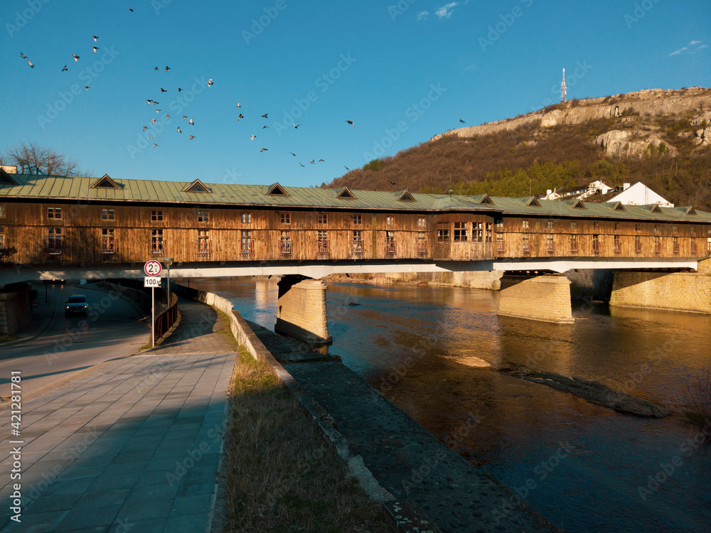 Covered wooden old bridge in traditional town of Bulgaria, Lovech over ...