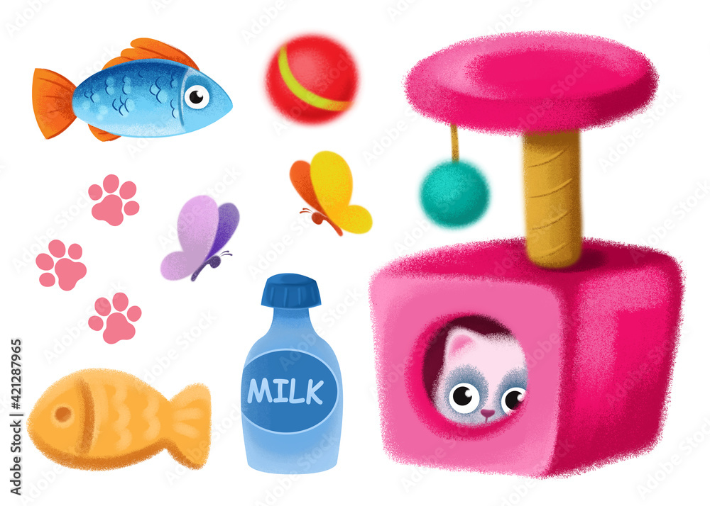 Clipart set of cat items. Pet care. Food, fish, house, scratching post ...