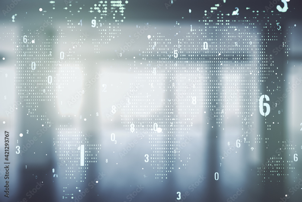 Abstract virtual coding illustration and world map on modern interior ...