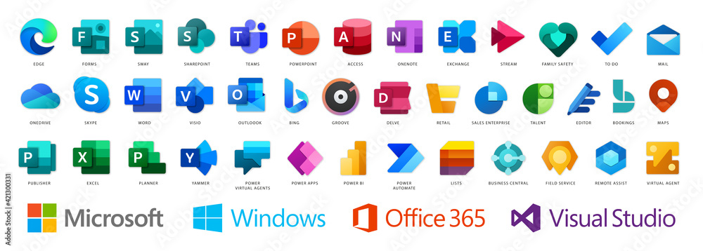 Full set 2021 Microsoft icons: High-quality Shaded icons with shadows isolated on a white ...