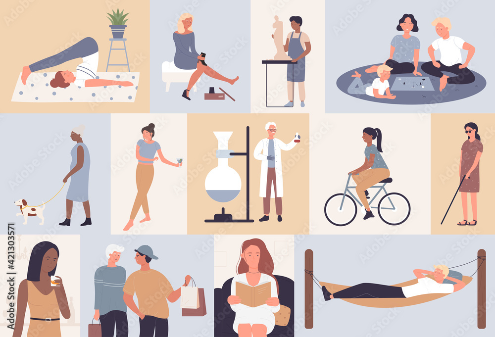 People daily activity vector illustration set. Cartoon active young old ...