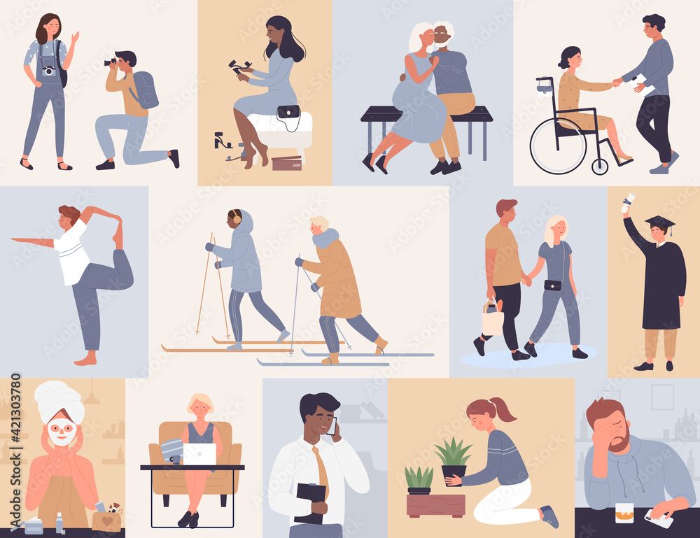 People in work sports study vector illustration set. Cartoon active man ...