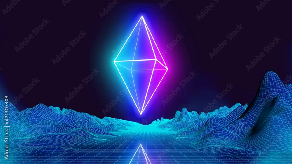 Synthwave wireframe landscape 80s retro futuristic sci-fi. Neon rhombus ...