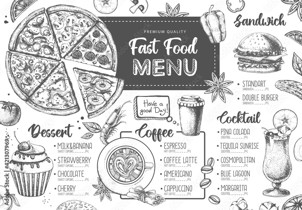 Restaurant menu design. Decorative sketch of pizza, sandwich and ...