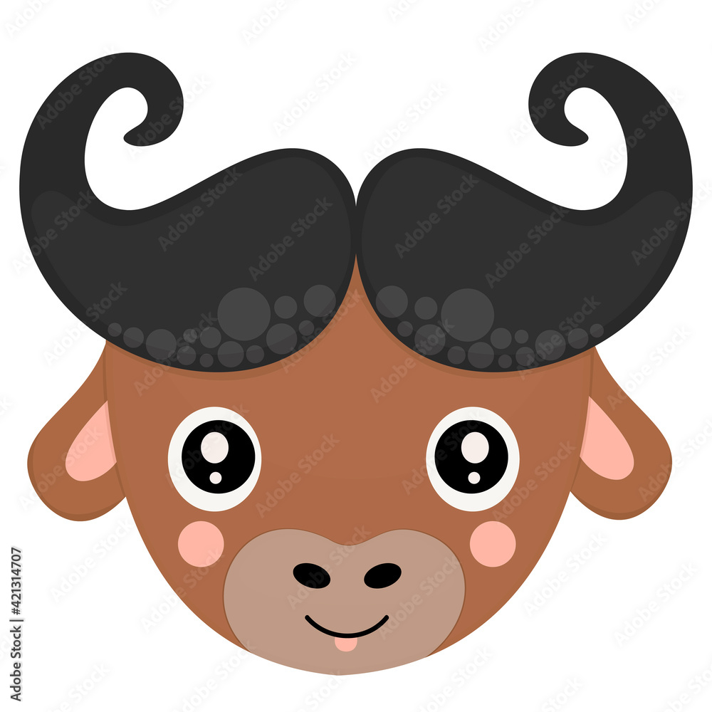 Cute childish head of cartoon African buffalo with protruding tongue ...