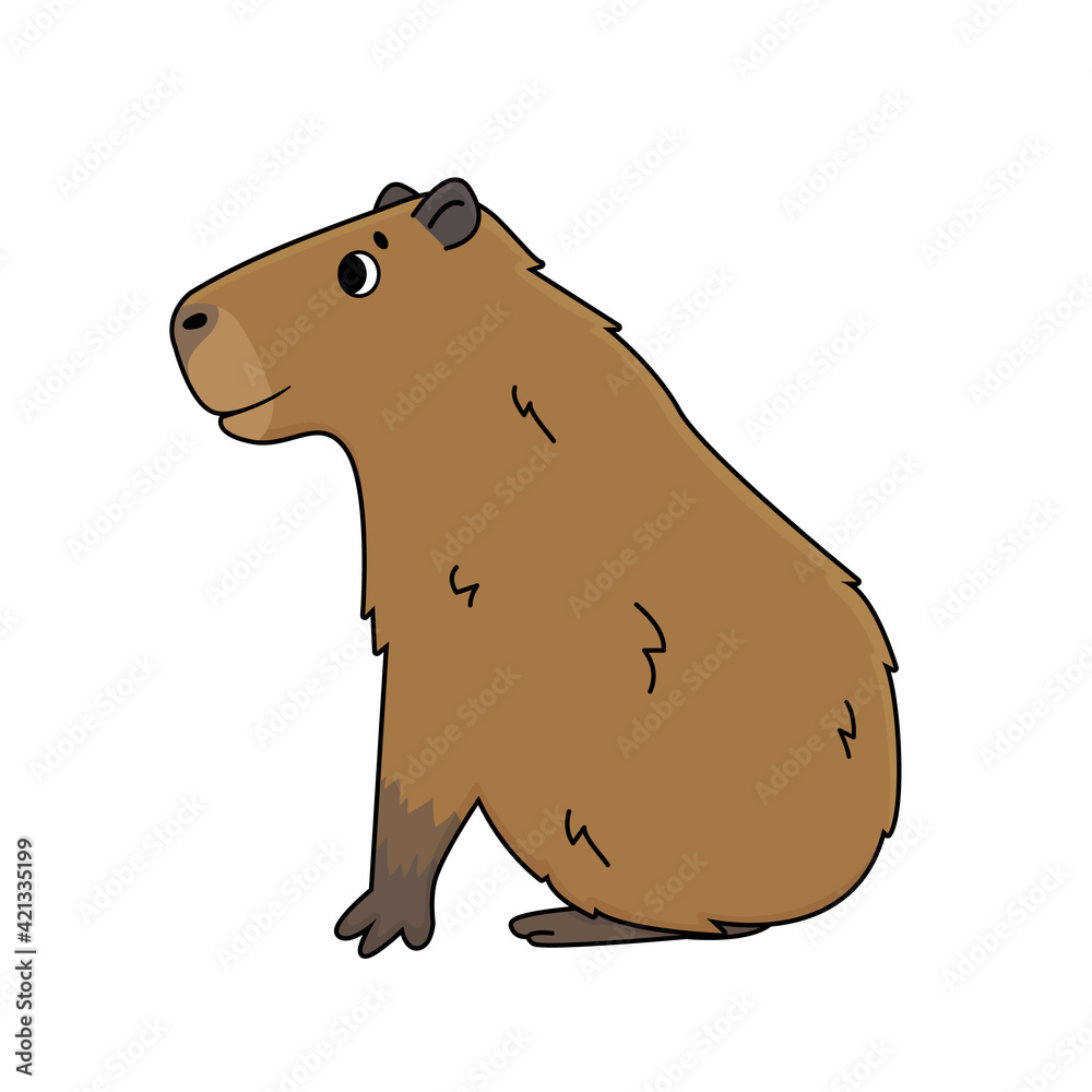 Vector cute cartoon outline Capybara smiles and sits on the ground ...