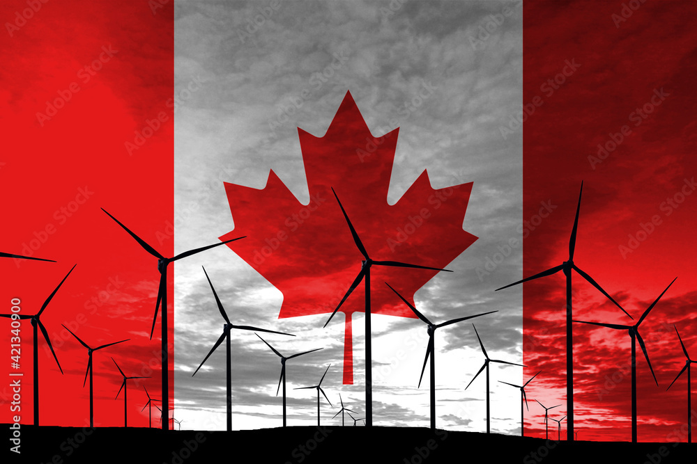 Canada flag wind farm at sunset, sustainable development, renewable ...